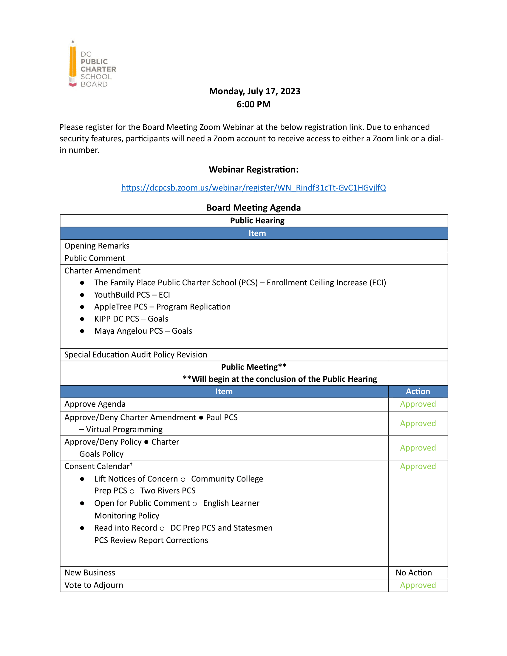 Board Meeting July 2023 Dc Pcsb